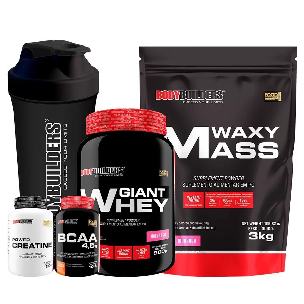 Kit 1x Giant Whey Protein 900g + BCAA 100g + Creatina 300g + Waxy Mass 3kg + Shaker ...