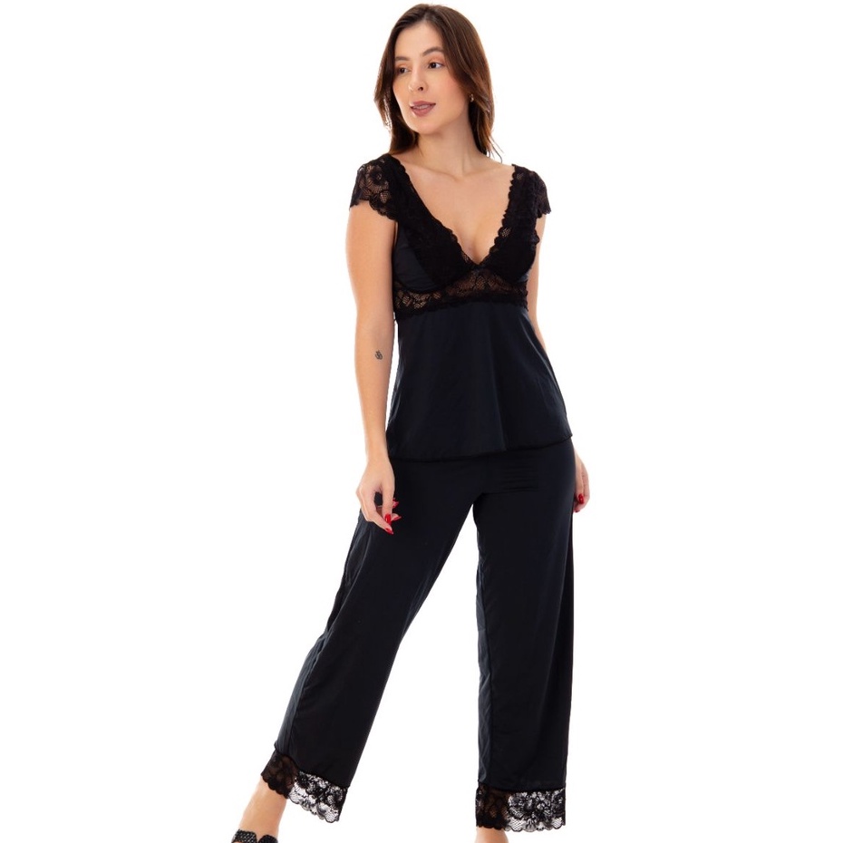 Pijama Longo Sofisticado Luxo De Microfibra Com Detalhe Em Renda Gatria ...