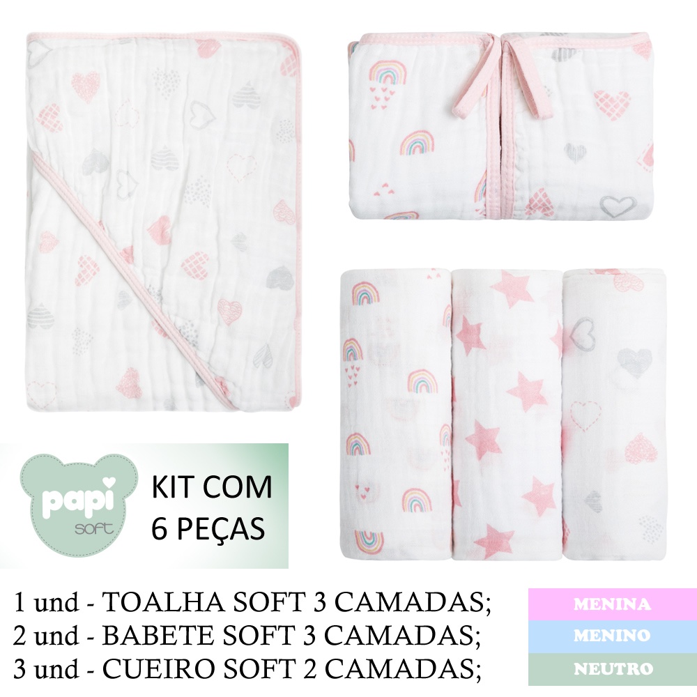 KIT PAPI SOFT TOALHA CUEIRO BABETE 6 PEÇAS ENXOVAL BEBE RECEM NASCIDO ...