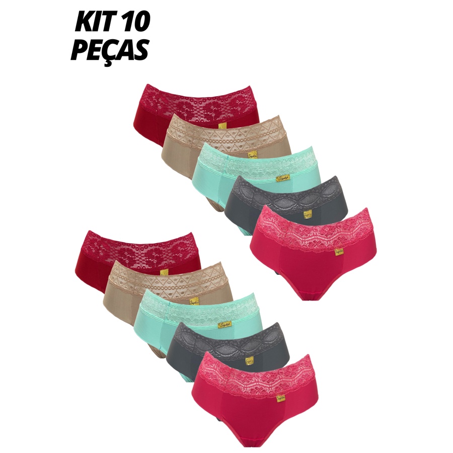 Kit 10 Calcinha Tanga Fio Dental Luxo Renda Microfibra Lisa Linda e ...