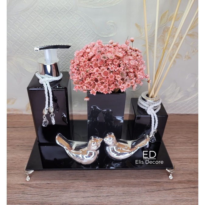 Kit Lavabo Luxo Square Preto com Vaso e Passarinhos | Shopee Brasil