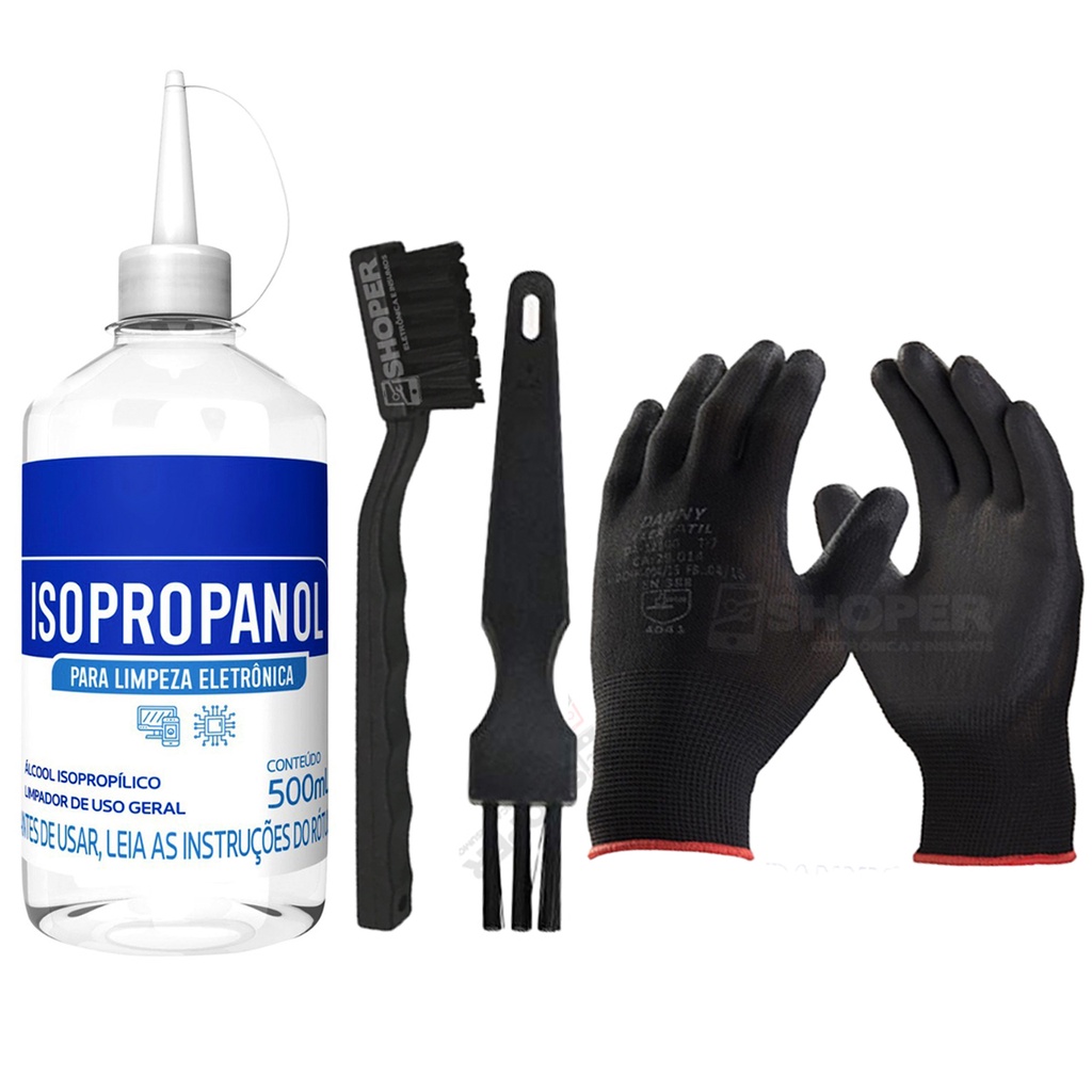 Kit Alcool Isopropilico Puro 99,8% 500ml + Luva Antiestática ESD ... Kit Alcool Isopropilico Puro 99,8% 500ml + Luva Antiestática ESD ...