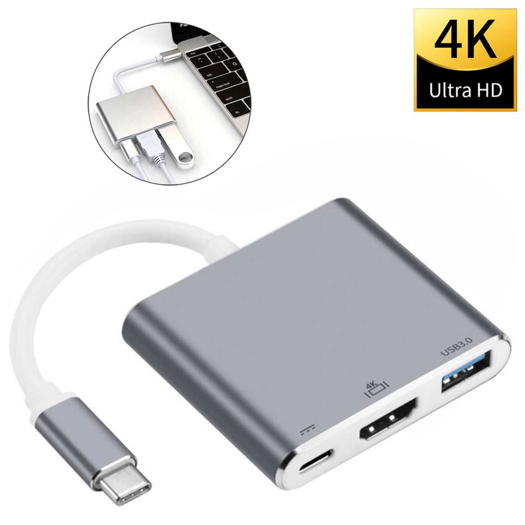 Adaptador 3 em 1 Usb Tipo C Para Hdmi 4K USB 3.0 PD Compatível com ...