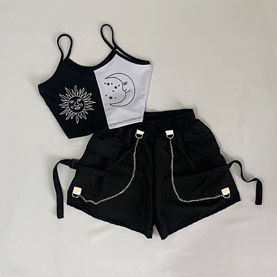 Conjunto Short Feminino Cargo Preto e Cropped alcinha Sol e Lua | Shopee Brasil