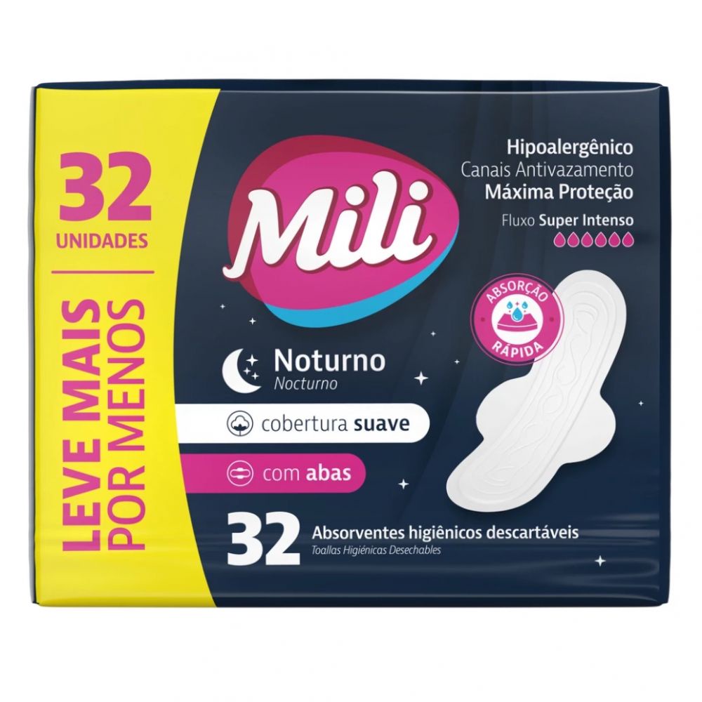 Absorvente Noturno Suave com Abas Mili 32 Unidades no Pacote | Shopee ...