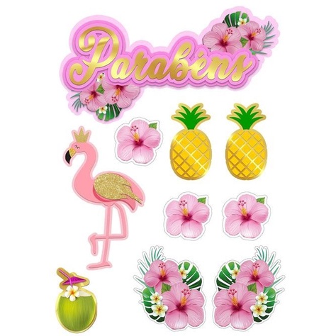 Topo De Bolo Personalizado Tropical Flamingo Topper Tag Para Docinho E ...