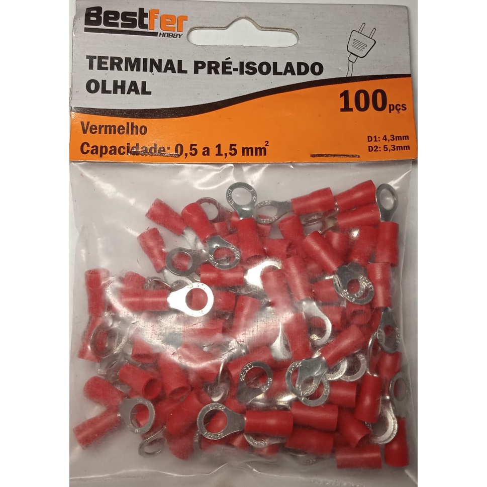 100 unidades terminal pré isolado olhal capacidade 0,5 a 1,5mm medida ...