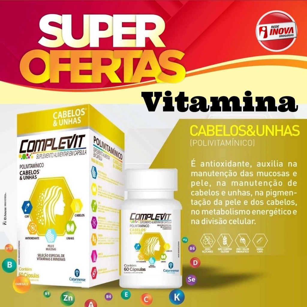 Polivitaminico complevit para cabelos e unha 60 cps. | Shopee Brasil