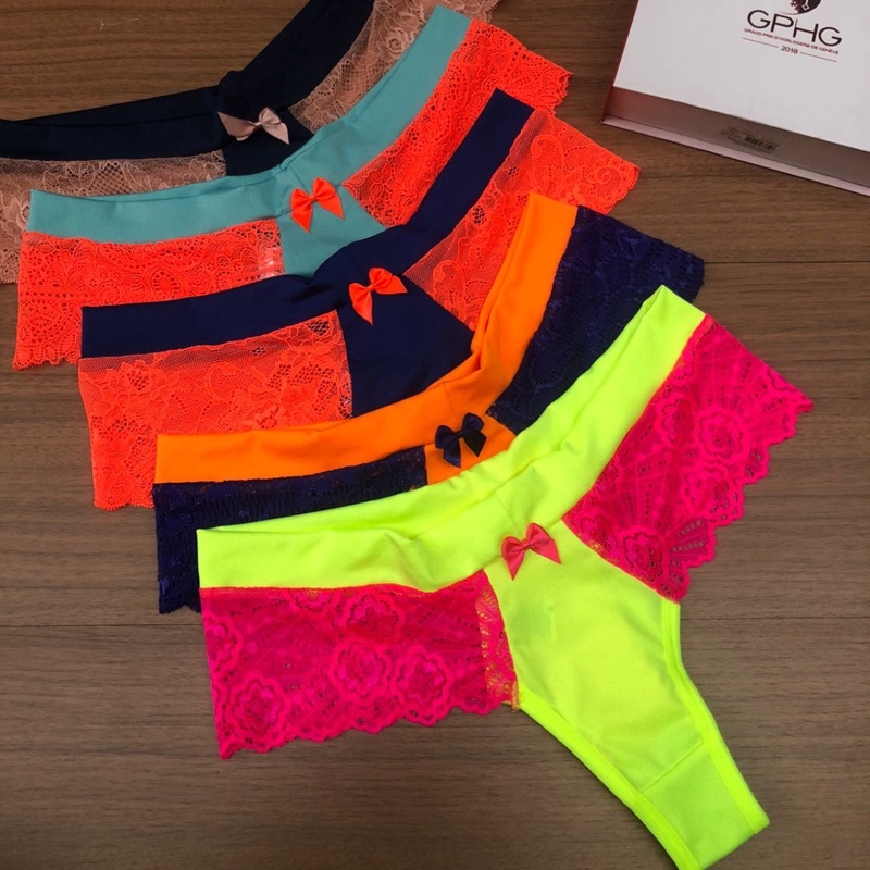 kit 5 calcinhas verão neon em microfibra e renda lateral fio dental ...
