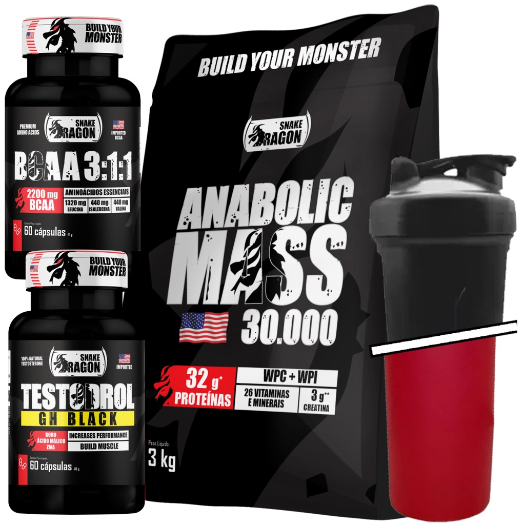 Kit Hipercalórico Anabolic Mass 30000, 3Kg + Testo Black + BCAA 3:1:1 ...