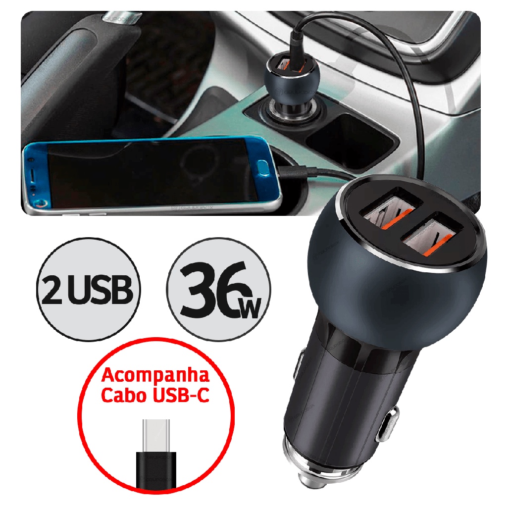 Carregador Veicular Turbo Metal Car Carga Rapida 36W Tipo C | Shopee Brasil