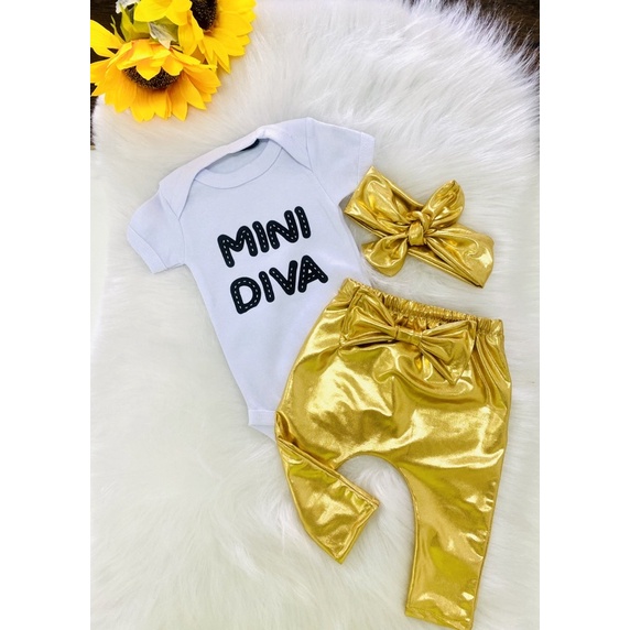 conjunto baby diva com calça dourada bebê cirrê e faixinha de cabelo ...