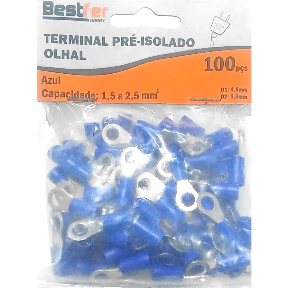 100 unidades terminal pré isolado olhal capacidade 1,5 a 2,5mm medida ...