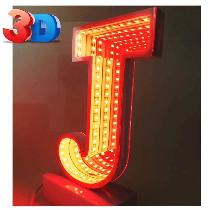 Letra J Luzes LED Branco Espelhada Túnel 3D Para Decoração Iluminação ...