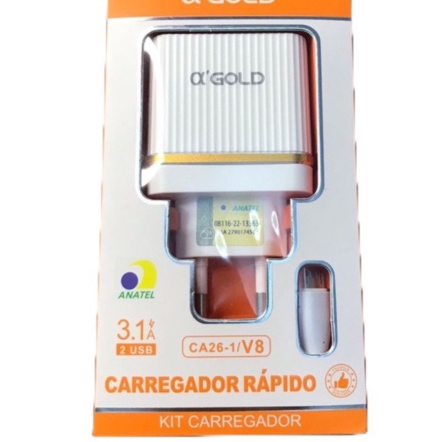 Carregador a'GOLD USB V8 Carregamento Rápido CA26-1 | Shopee Brasil