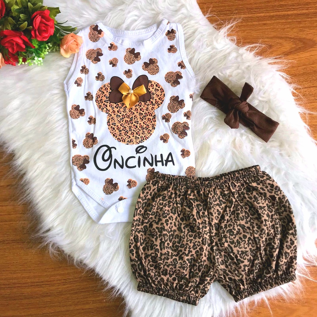 Kit body para bebê com shorts e faixa turbante minnie oncinha | Shopee ...