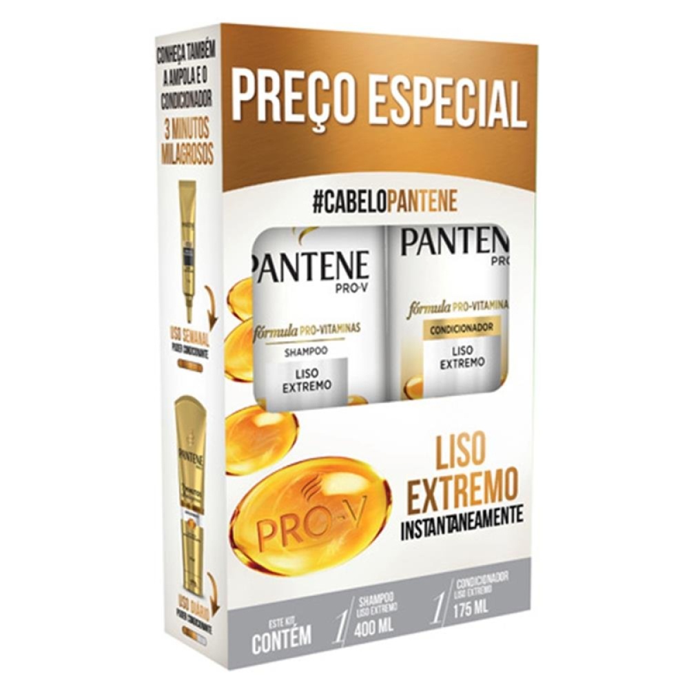 Kit Pantene Pro-V Liso extremo shampoo, 1 unidade com 350mL + condicionador, 1 unidade com 175mL ...
