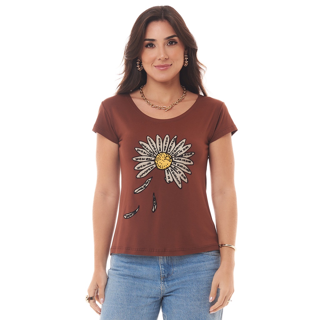 Camiseta Feminina Viscolycra Bem me Quer Marrom Valentina T-shirt ...