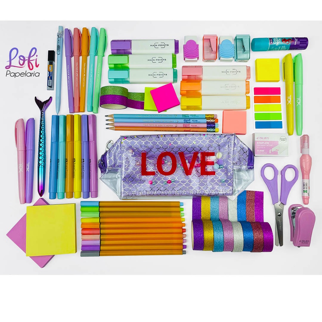 Kit Papelaria Estojo Completo com Marca Texto Pastel Material Escolar ...