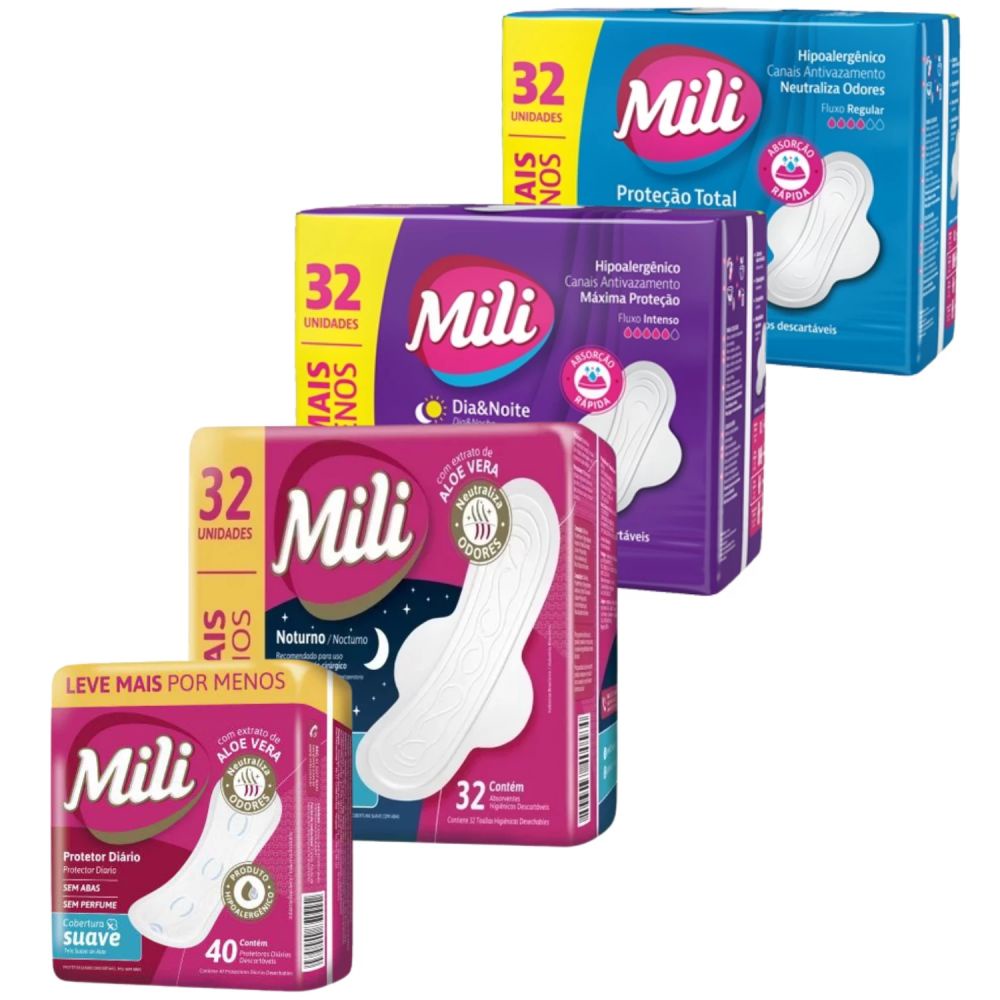 Kit da Mili Absorventes 32 Unidades mais 1 Protetor Diario 40 Unidades ...