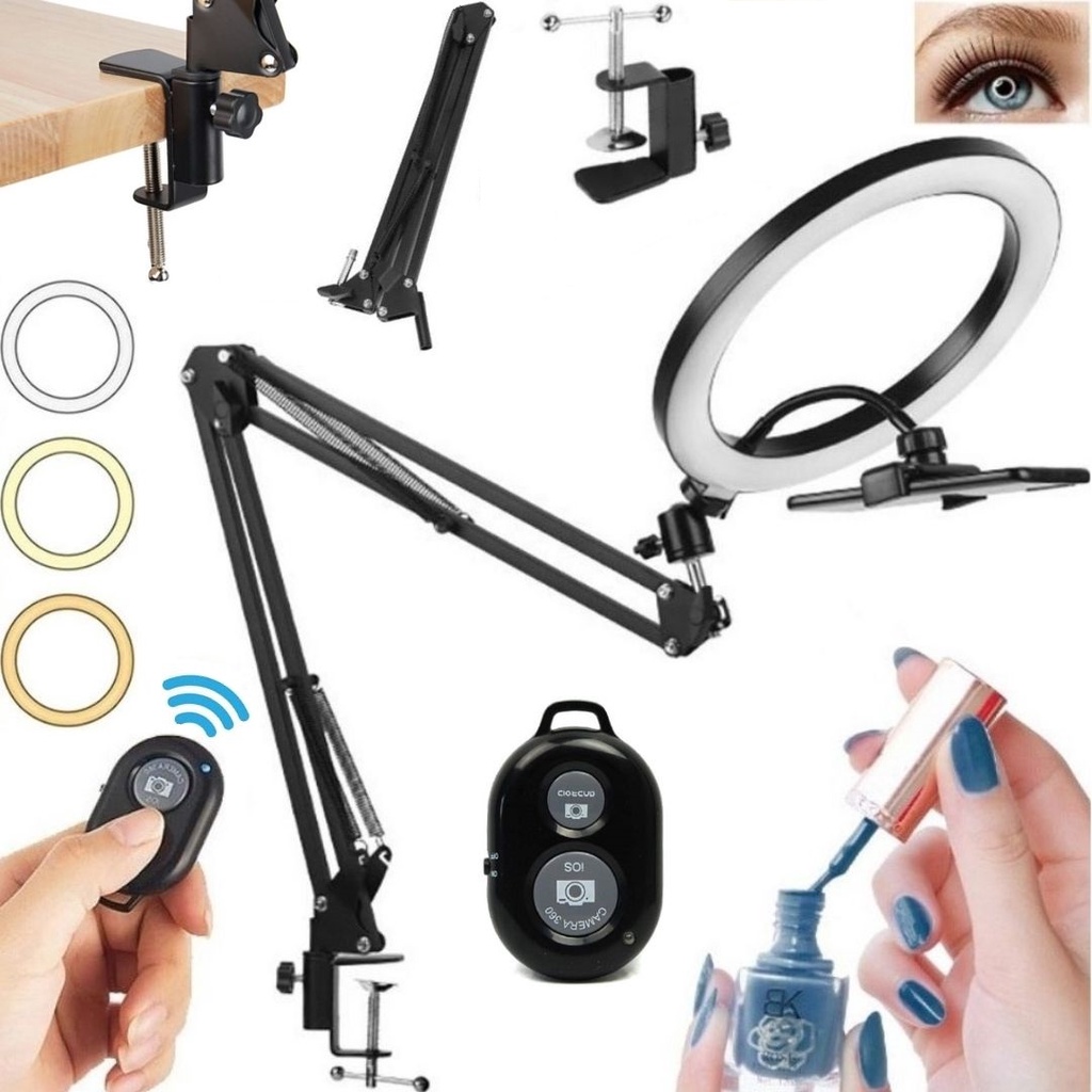 Braço Articulado + Ring Light Luz Led Suporte Celular Gravar Mesa Cima ...