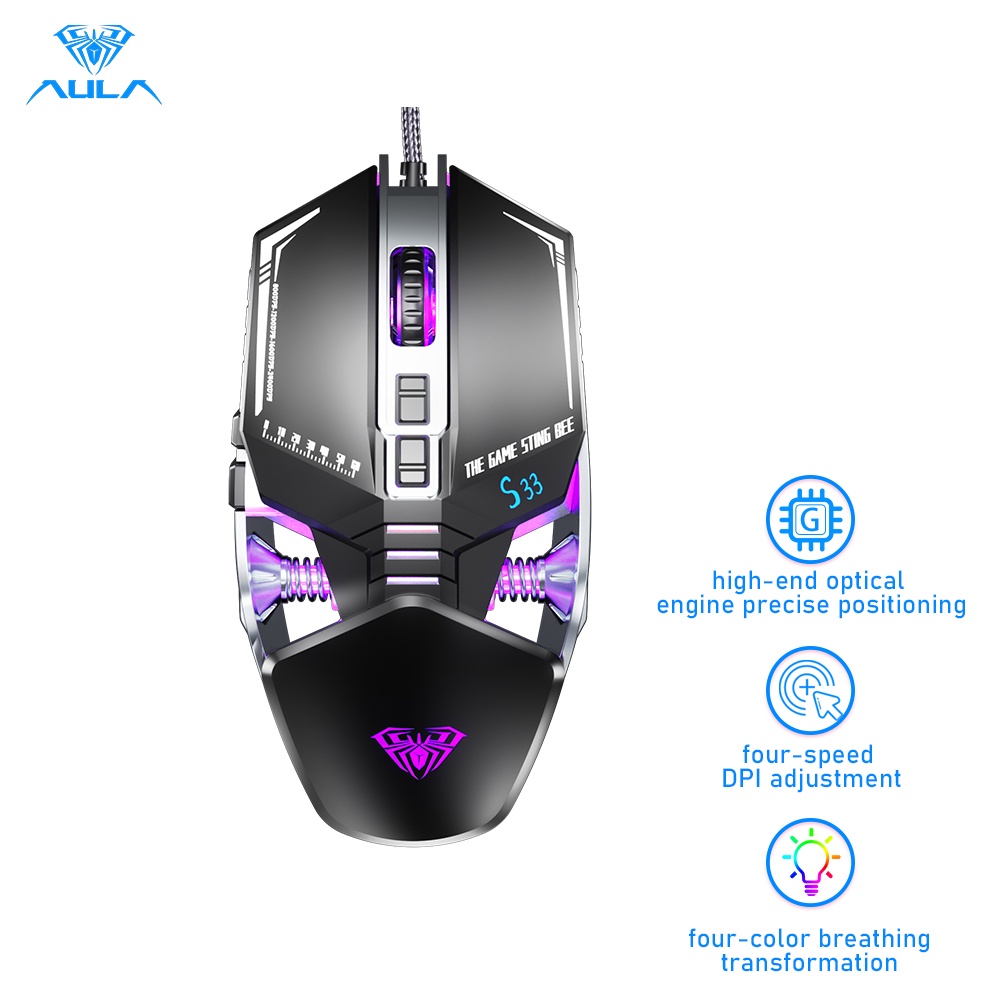 AULA S33 Rato Para Jogos Profissional Ratos USB RGB Luz De Fundo Colorida 4 Engrenagem 2400 DPI ...