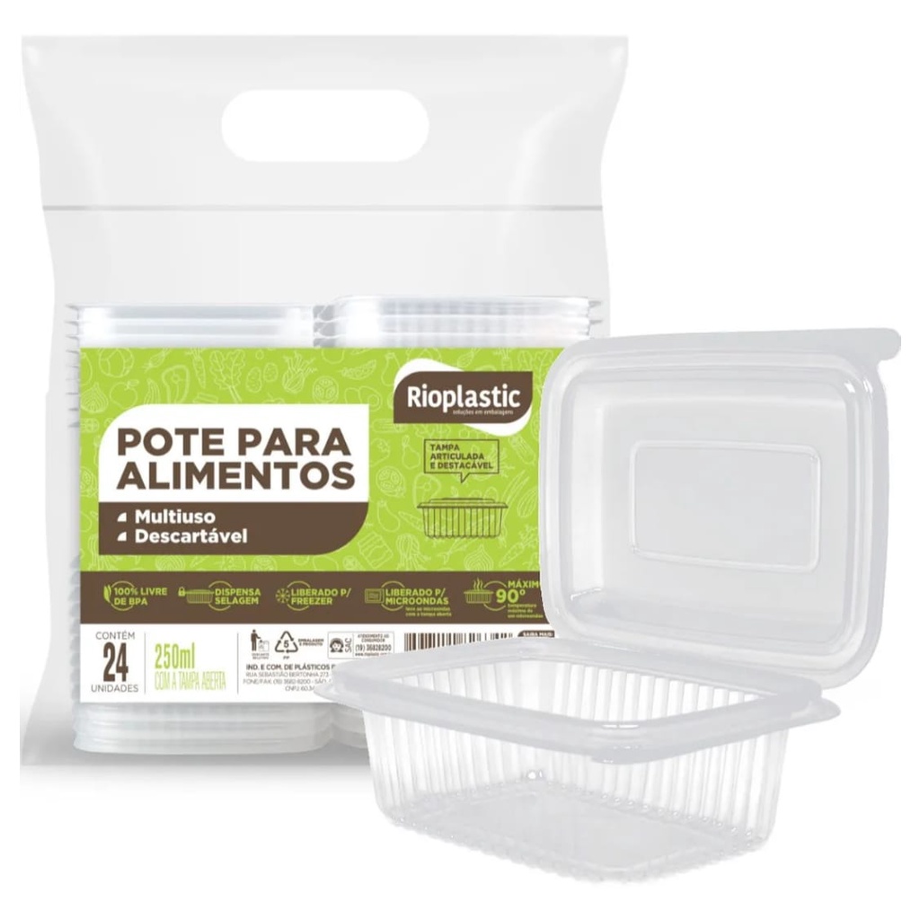 KIT 24 un Pote Retangular Marmita 250 ML Descartável Fitness Fit Freezer Microondas Rioplastic ...