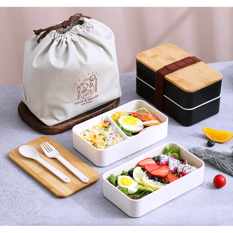 Lancheira Bento Box Bambu 2 Camadas Pote Com Trava - Marmita com ...