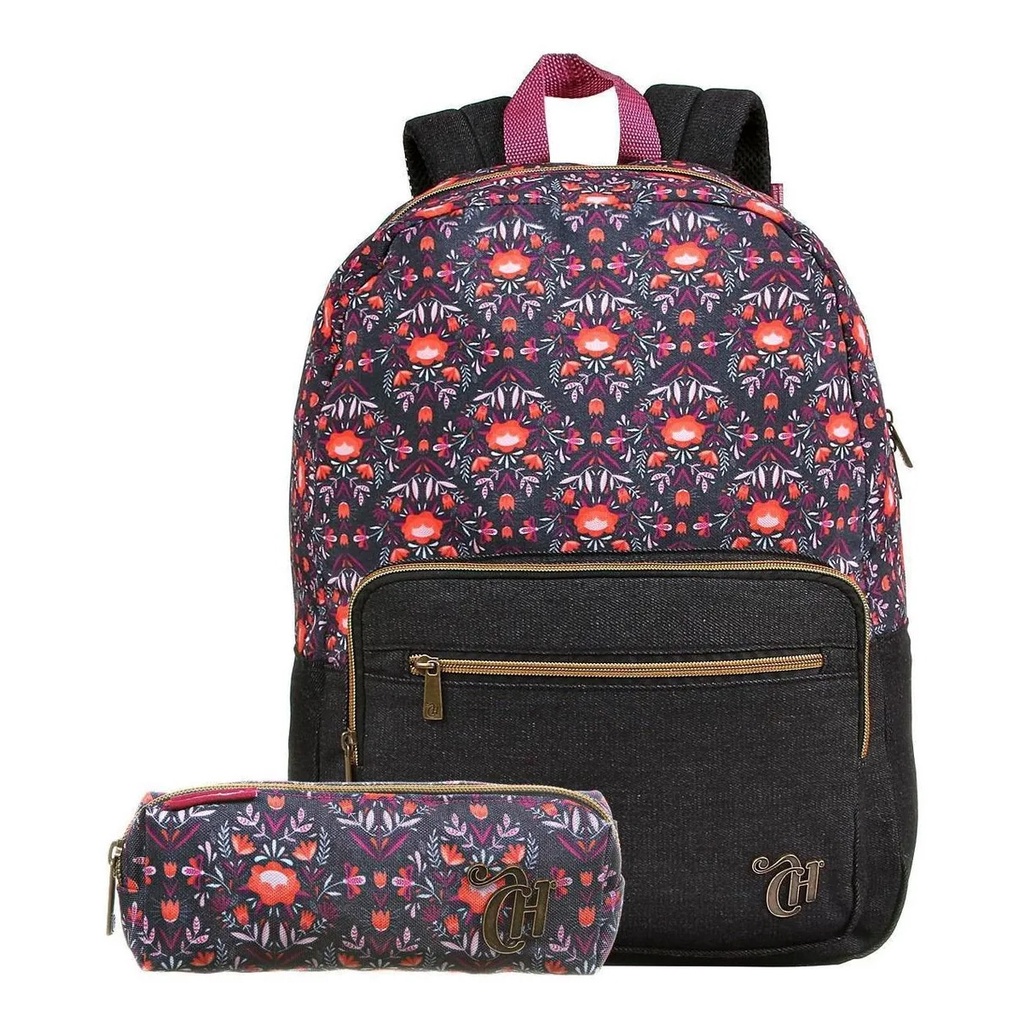 Mochila Capricho de Costas Jeans Floral Juvenil com Estojo | Shopee Brasil