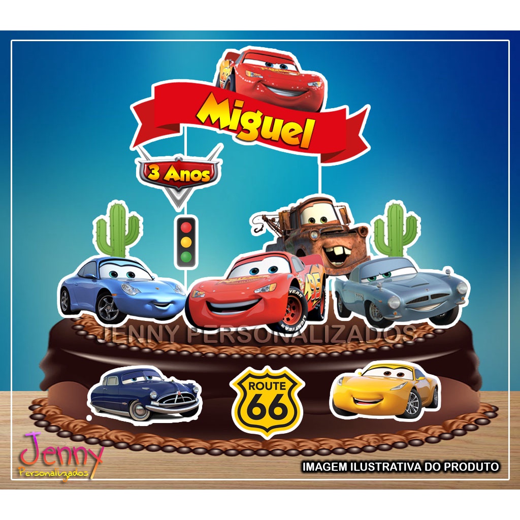 topo topper de bolo personalizado Carros - Escorrega o Preço