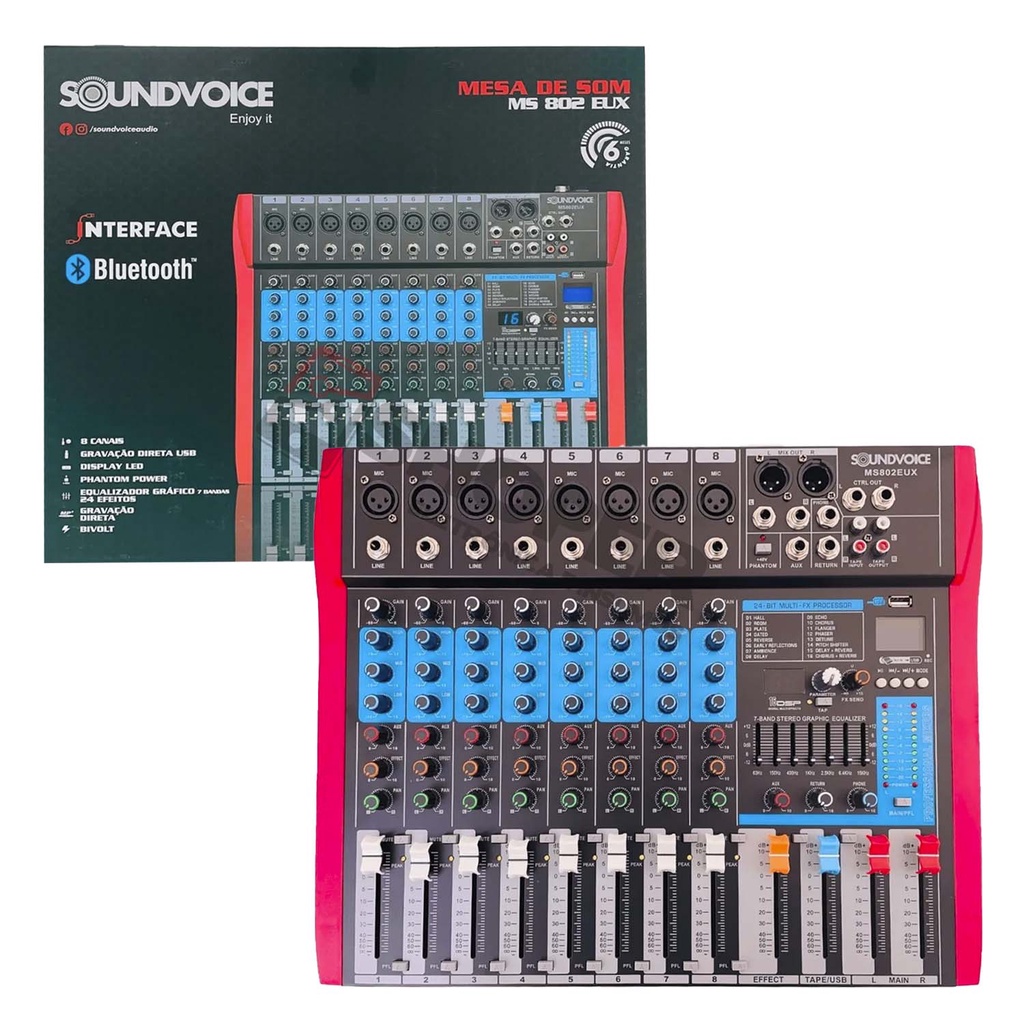 Mesa de Som 8 Canais MS802 Interface e Bluetooth - Mesa SoundVoice MS-802 EUX | Shopee Brasil