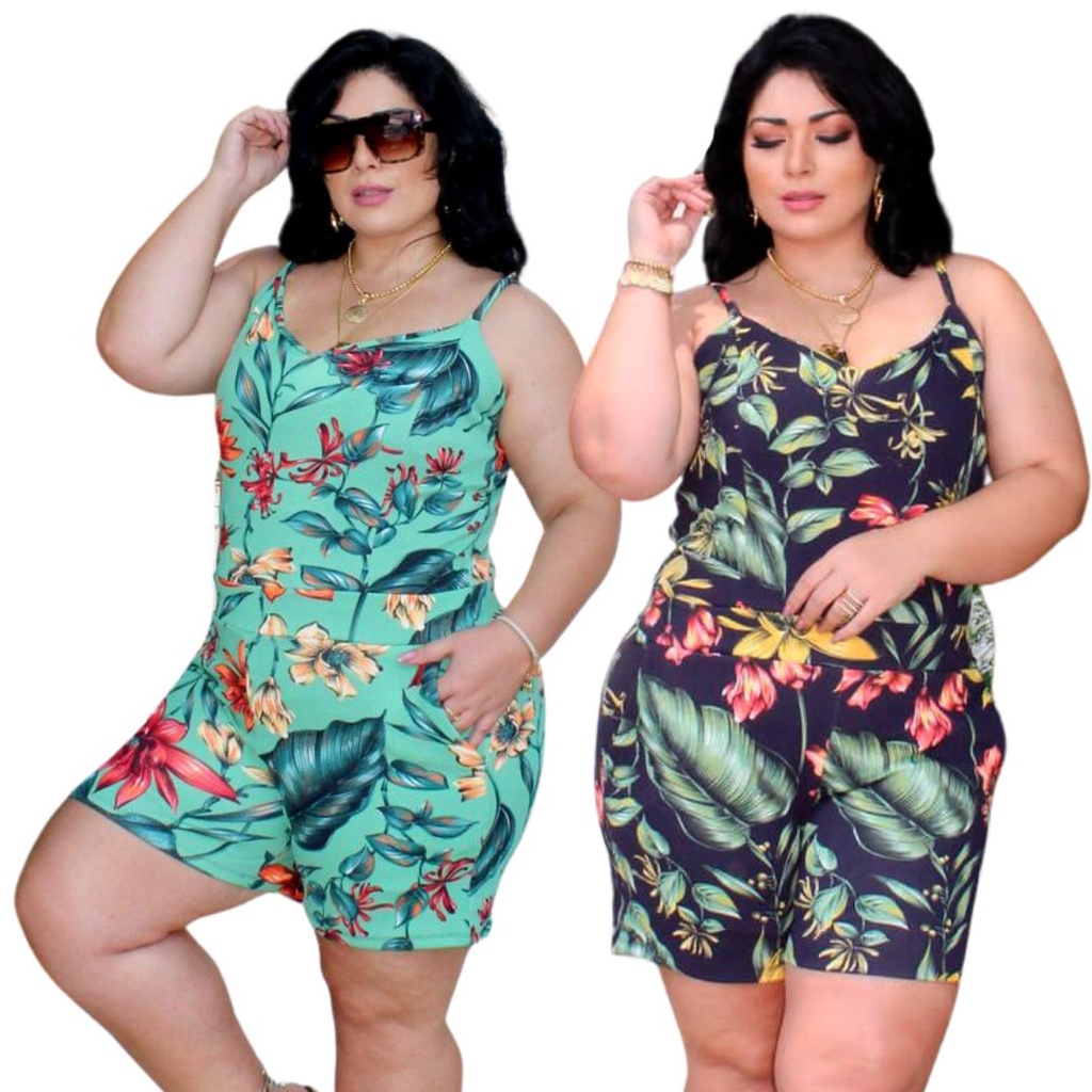 Macaquinho Plus Size Estampado Feminino Grande Macacão Curto GG G1 G3 Macaquito Modinha Moda ...