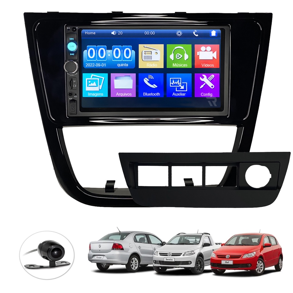 Kit Central Multimidia DVD 2 Din Mp5 VW Gol Saveiro Voyage G5 Suporte 4 Botões Black Piano ...