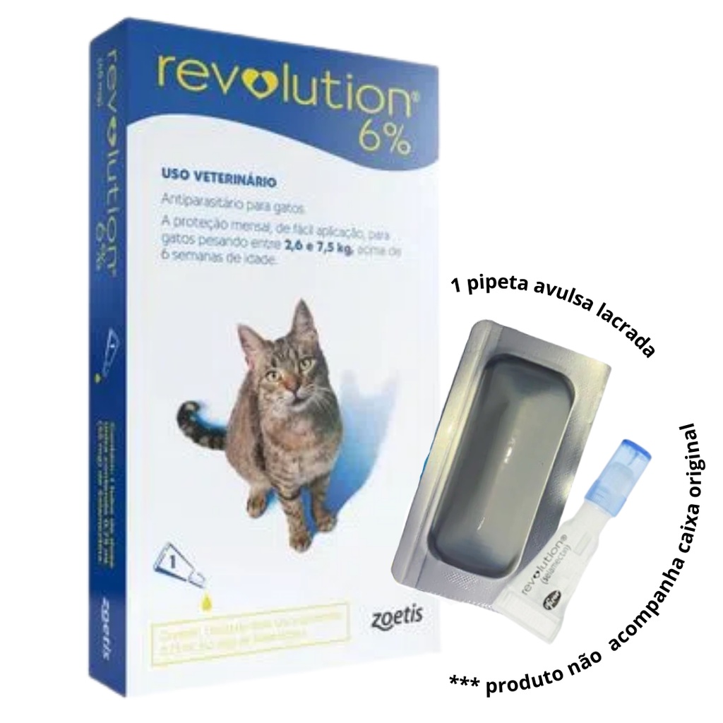 Revolution Zoetis 6% 0,75ml Para Gatos 2,6Kg a 7,5Kg - 1 Pipeta ...