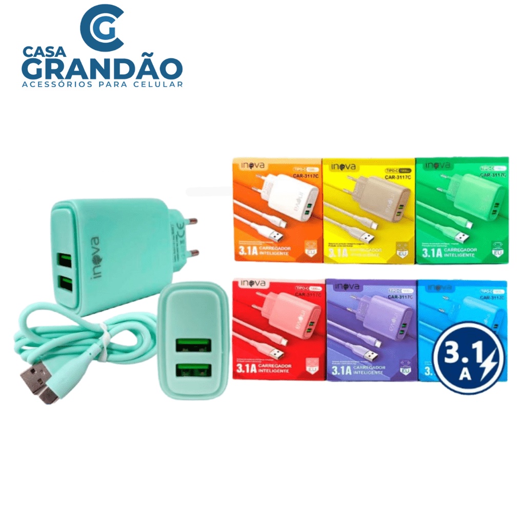Carregador de celular 2 entradas usb tomada 3.1a com cabo tipo-c carga ...