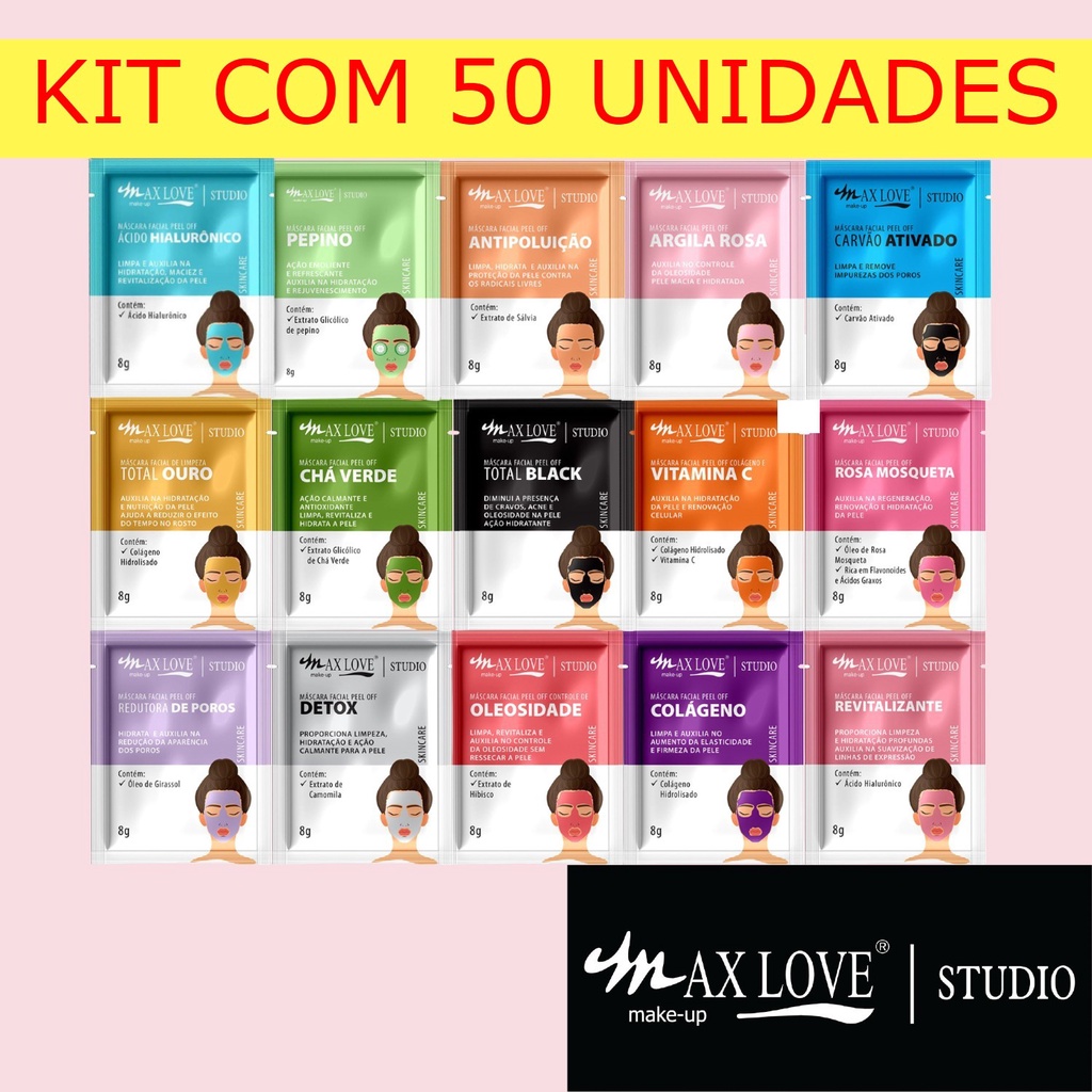 Kit com 50un Máscara Facial Max Love Sachê para Skin Care e Limpeza de ...