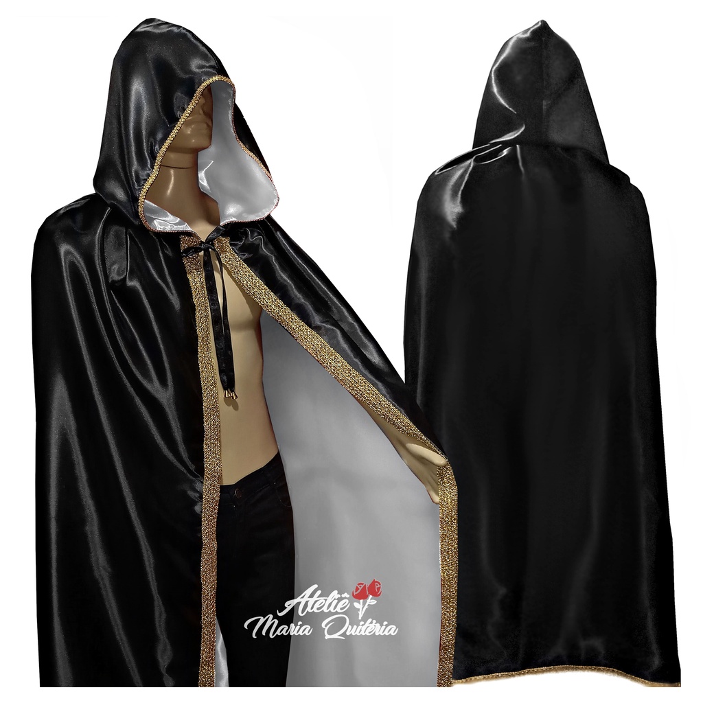 Capa De Exu Com Capuz Umbanda Tecido Cetim Cor Preto/Branco e Detalhes ...