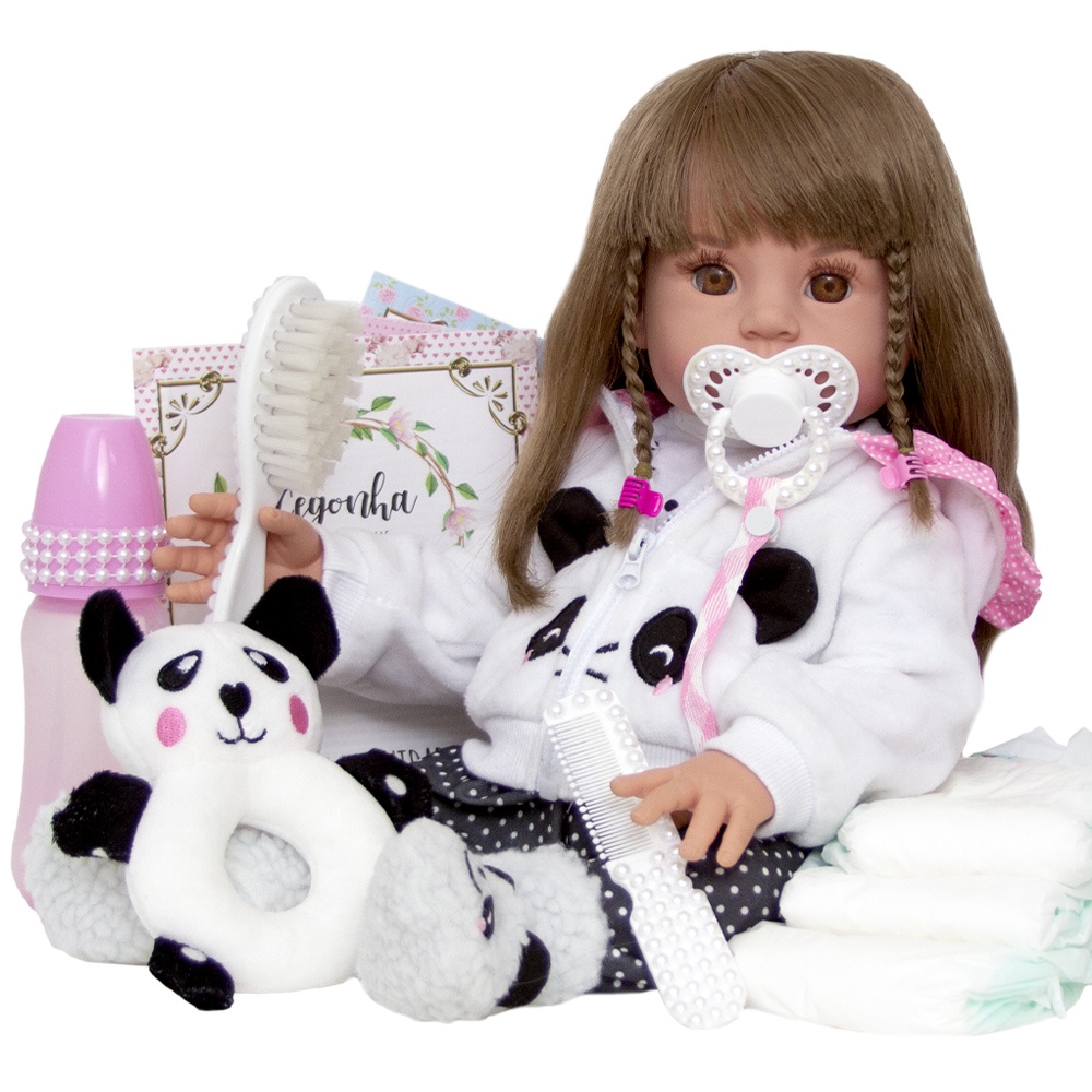 Bebe Reborn Menina Silicone Pandinha Enxoval Completo Barata | Shopee ...