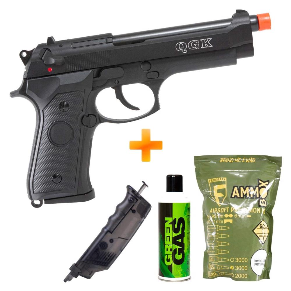 Pistola de Airsoft GBB QGK 92 BK Blowback Slide Metal 330 FPS + BBs ...
