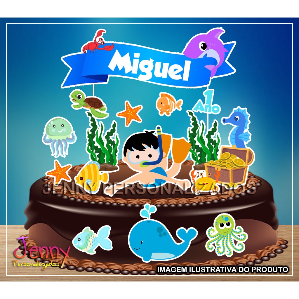 Topo Topper de Bolo Fundo do Mar Personalizado Menino | Shopee Brasil
