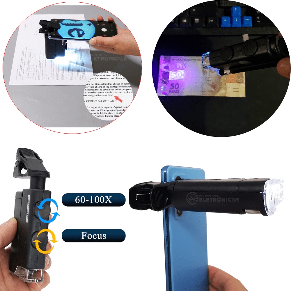 Mini Microscópio Lupa Acompanha Clip Para Celular Smartphone 60x ...