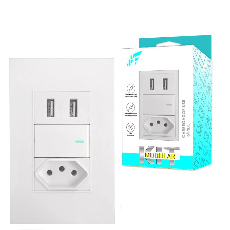 Tomada USB Parede Com 1 Tomada Energia 10A e Modulo USB de Parede ...
