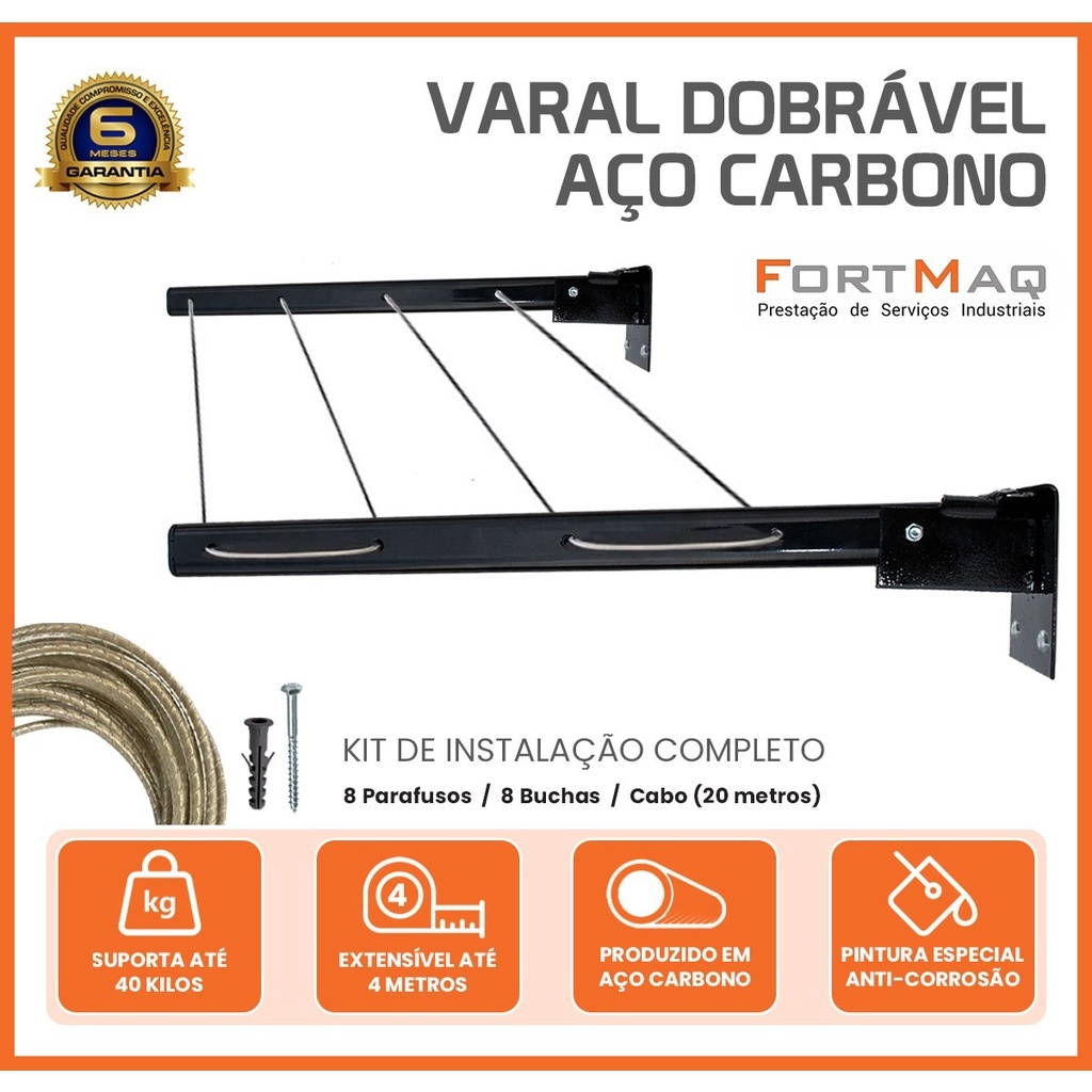 varal retrátil em aço + 20 metros cabo de aço encapado preto | Shopee ...