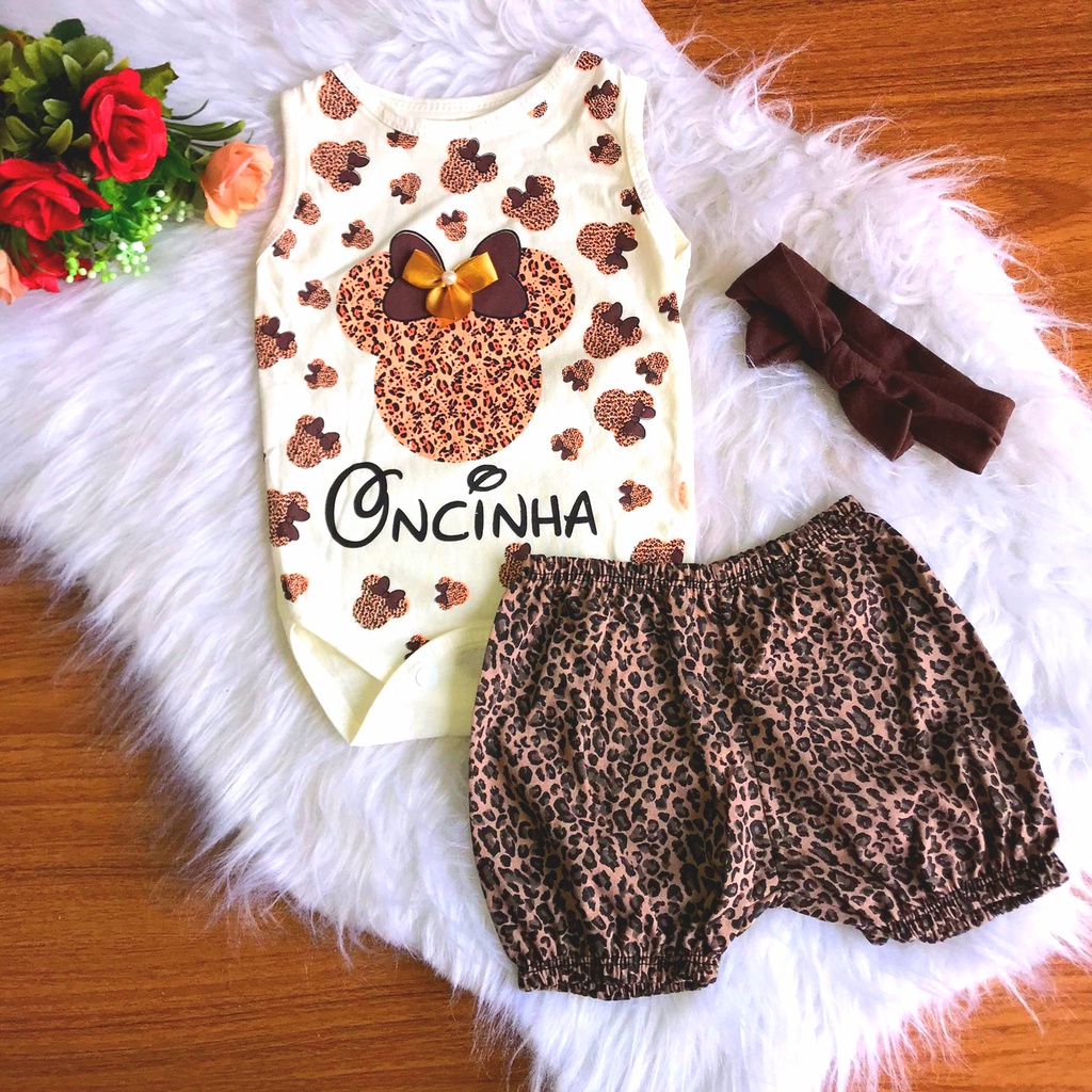 Kit body para bebê com shorts e faixa turbante minnie oncinha | Shopee ...