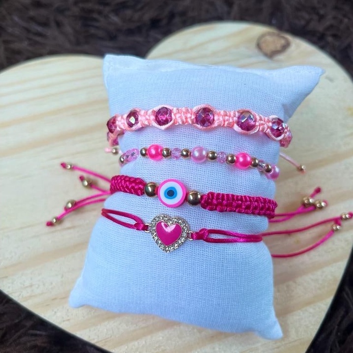 Conjunto Mix Pink Pulseiras Moda Feminina Trançado Macramê Adulto ...