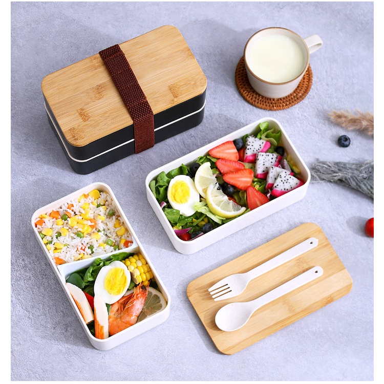 Lancheira Ecológica Bento Box Bambu 1200ml 2 Potes e Talheres Marmita ...