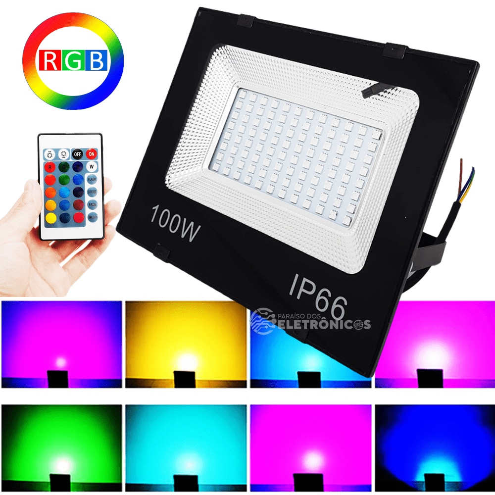 Refletor Rgb 100W Led Holofote Com Controle Remoto 16 Opções De Cores ...