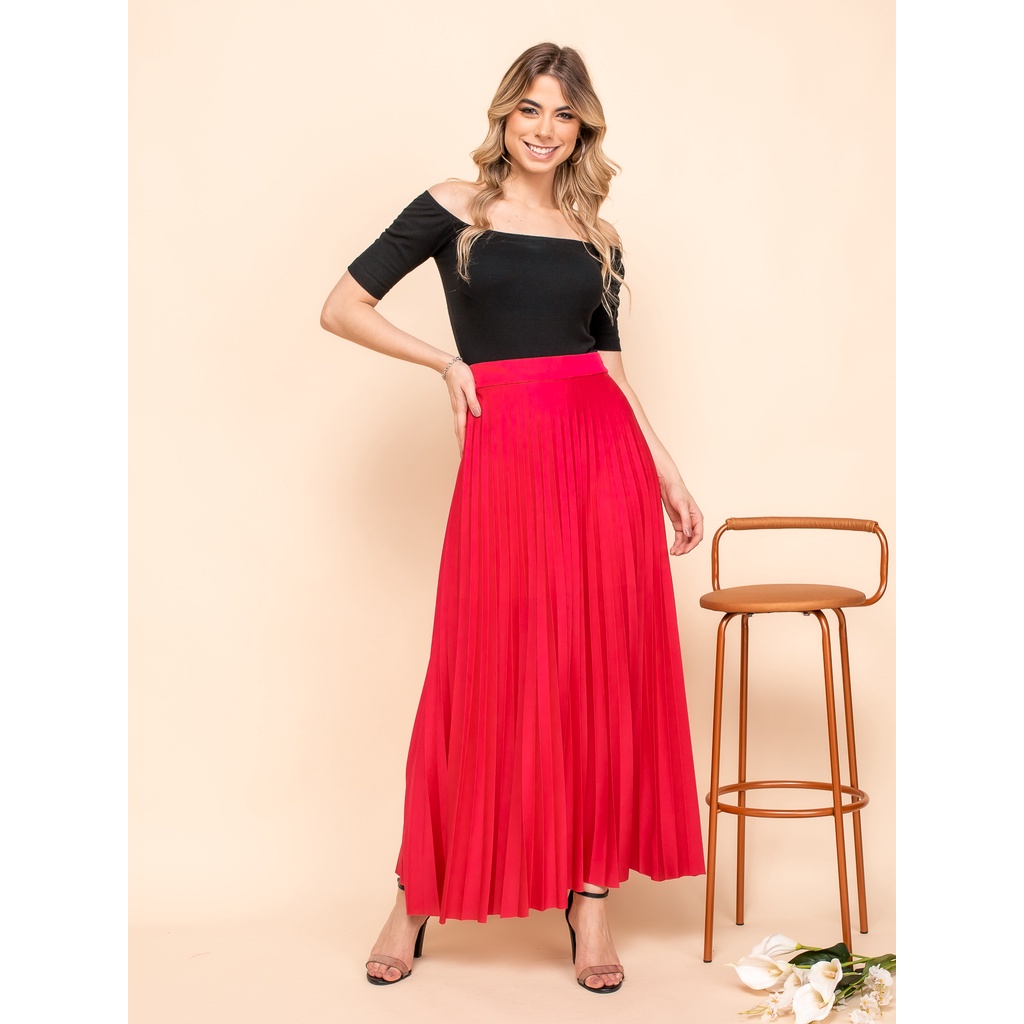 Promoção Saia Plissada Longa Forrada Lisa-072 | Shopee Brasil