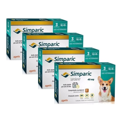 Kit 4 Caixas Simparic 40 Mg 10 A 20 Kg 12 Comprimidos antipulgas ...