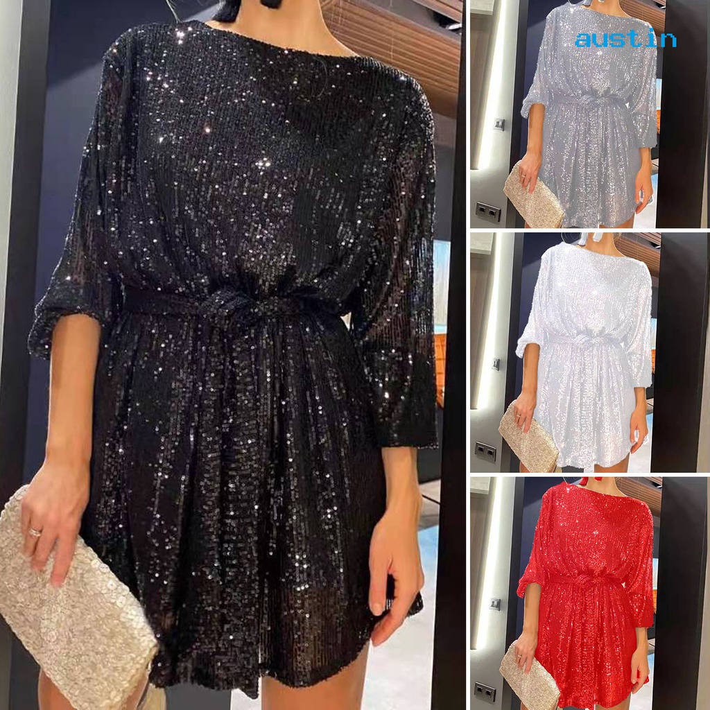 [AUS.Q] Vestido Feminino Decote Manga Longa Solta Bainha Cor Lisa Cintura Com Renda Brilhante ...